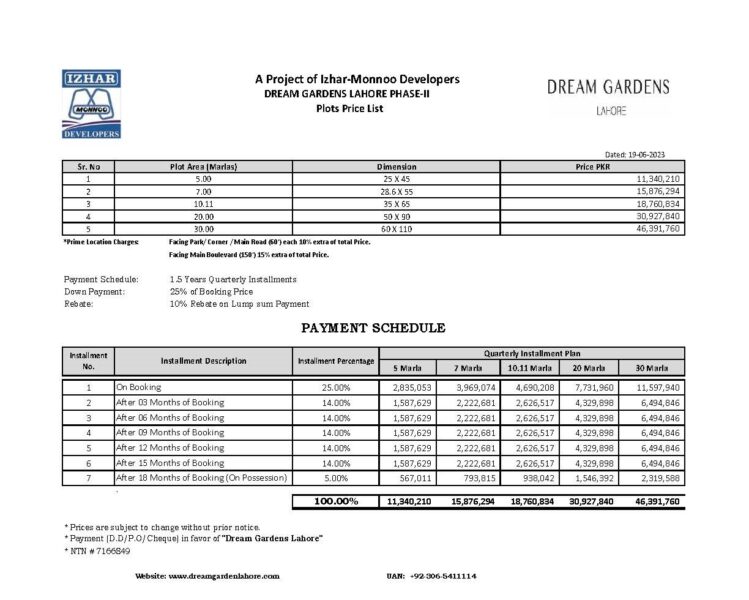 Residential Plot Installment Payment Plan - Dream Gardens